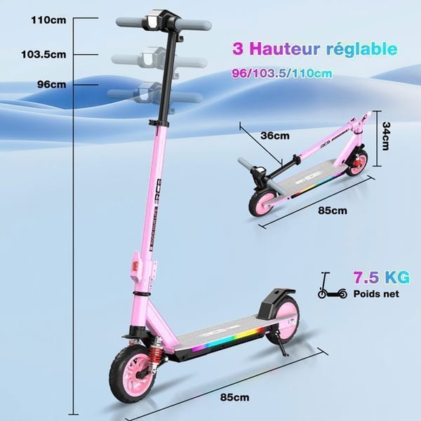 RCB R12 MAX Elektrisk Scooter Rosa – 220W – 3 Hastigheder – 7 ...