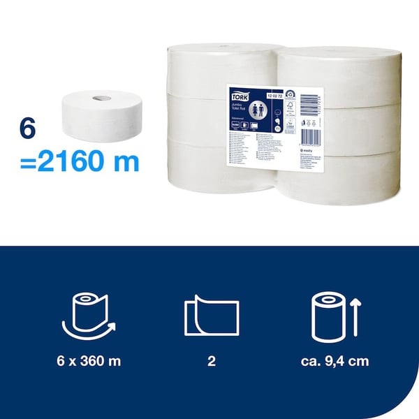Toalettpapir Tork T1 Jumbo Advanced 2-lags 360 m hvitt - (6 ruller per ...