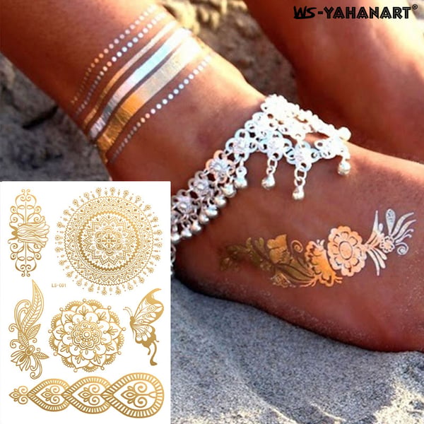 Midlertidige Tatoveringer, Metallic Henna Lace Tattoo Stickers (Sæt med ...