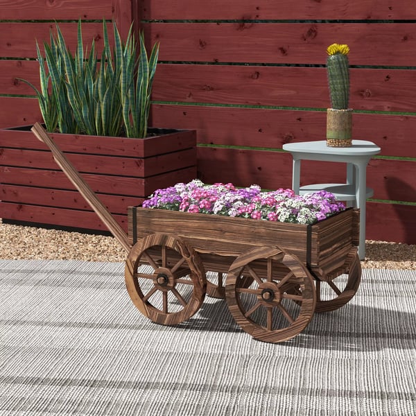 Outsunny blomlåda i trävagnsdesign, växtvagn med handtag, upp till 30 ...