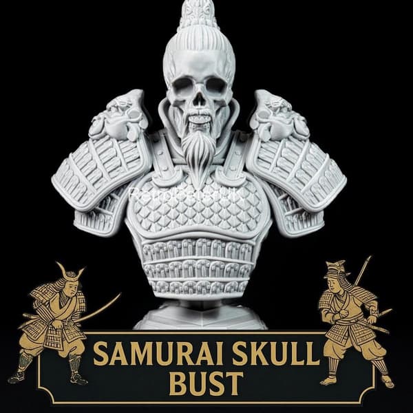 Samurai Skull Bust 3D Printed Figure, Japanese Warrior Statue 21cm Tall ...
