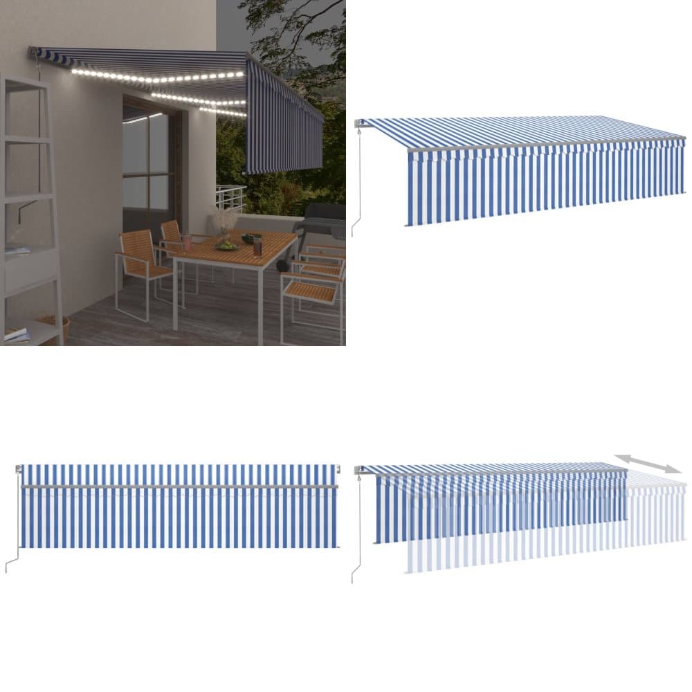 Automatisk markis med rullgardin vindsensor LED 6x3 m blå/vit - Markis ...