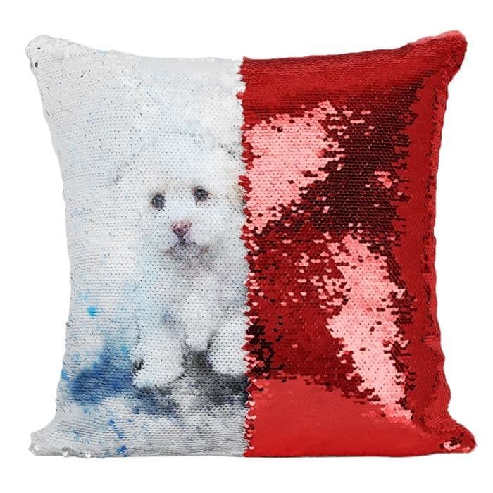 Kudde med paljettöverdrag - röd glitter hund och vit katt målning ... Kudde med paljettöverdrag - röd glitter hund och vit katt målning ...