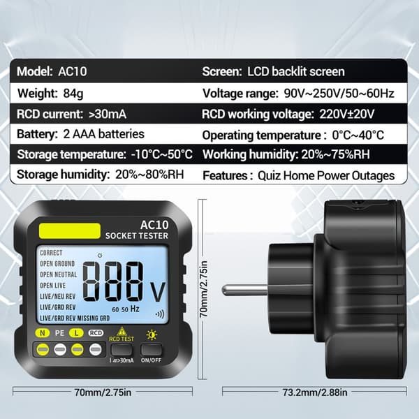 Aneng Lcd Receptacle Tester Socket Fase Detektor Digital Spænding