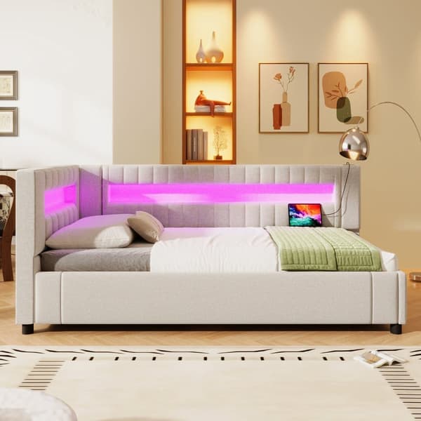 Daybed 90x200 cm – Sovesofa med LED-lys, hydraulisk opbevaring, USB ...