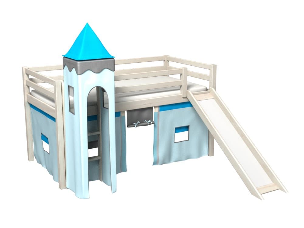 Barneseng, Højseng , barneseng med rutsjebane, tårn, gardiner ...