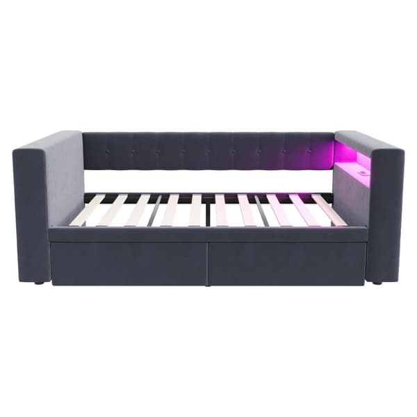 Tummanharmaa pehmustettu sänky 90×190 cm LED-valolla, pistorasia ja isot säilytyslaatikot ...