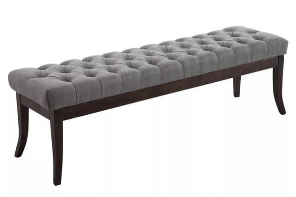 Ramses Chesterfield Fabric Bench, Upholstered Seat, Wood Legs, Grey ...