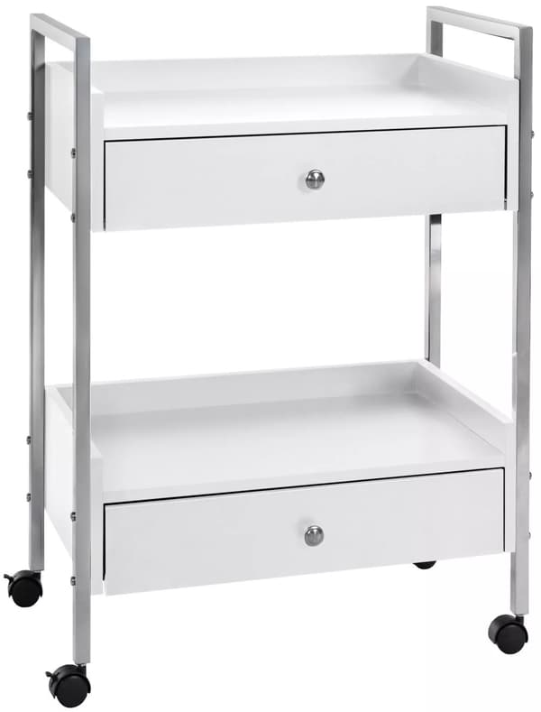 White Metal Utility Cart with 2 Drawers and 2 Shelves - Rolling Storage ...