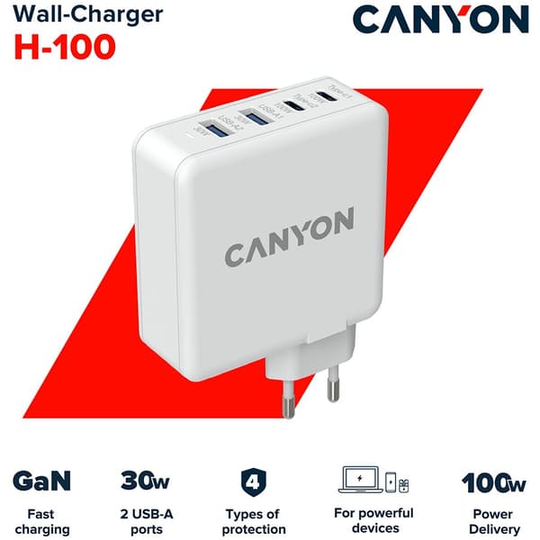 CANYON H-100, GAN 100W charger Input:100V-240V Output: USB-C1/C2: 5V 3A ...