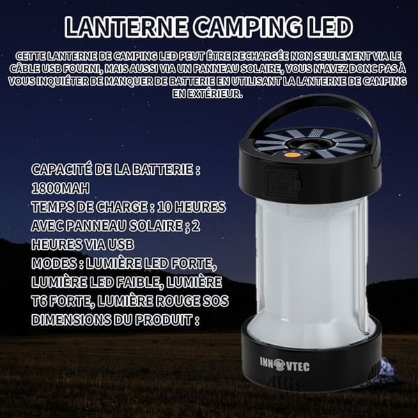 Solenergi 1800mAh - INNOVTEC - uppladdningsbar camping LED-lampa för ...