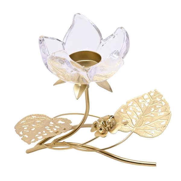 Hestia Single Stem Clear Glass Candle Holder With Gold Leaves | CDON