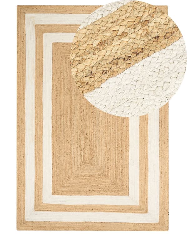 Matta Beige Jute 160 x 230 cm Flätad Handgjord Inramad Mönster Naturlig ...