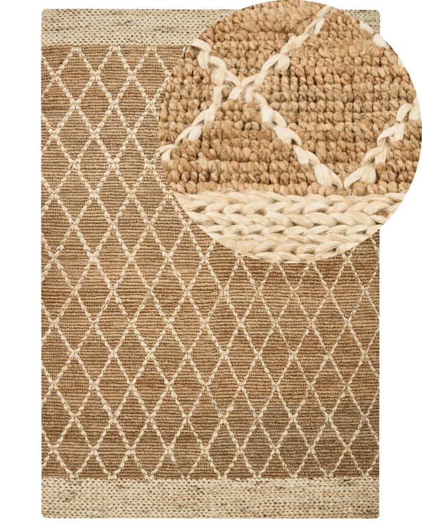 Matta Beige Jute 200 x 300 cm Geometriskt mönster Handvävd Boho Hall ...
