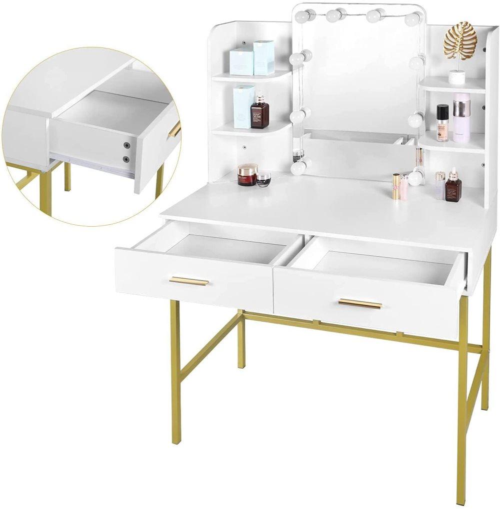 Sminkbord med spegel och belysning | Skrivbord | Lådor | 90 x 45 x 136 ...