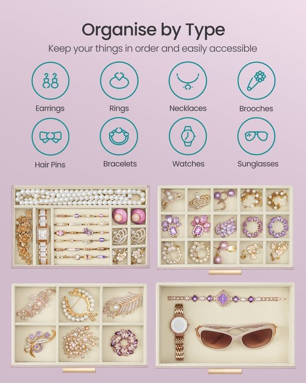 4-Tier Jewellery Box – Glass – Lavender Purple and Gold – Modern Design ...