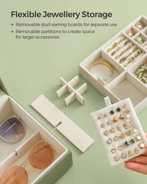 Jewellery Box – Fabric – Laurel Green – 2-Layer with Removable Tray and ...