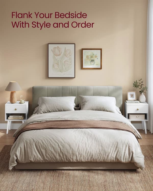 Set of 2 Bedside Tables – Solid Wood – Cloud White – Features Storage ...