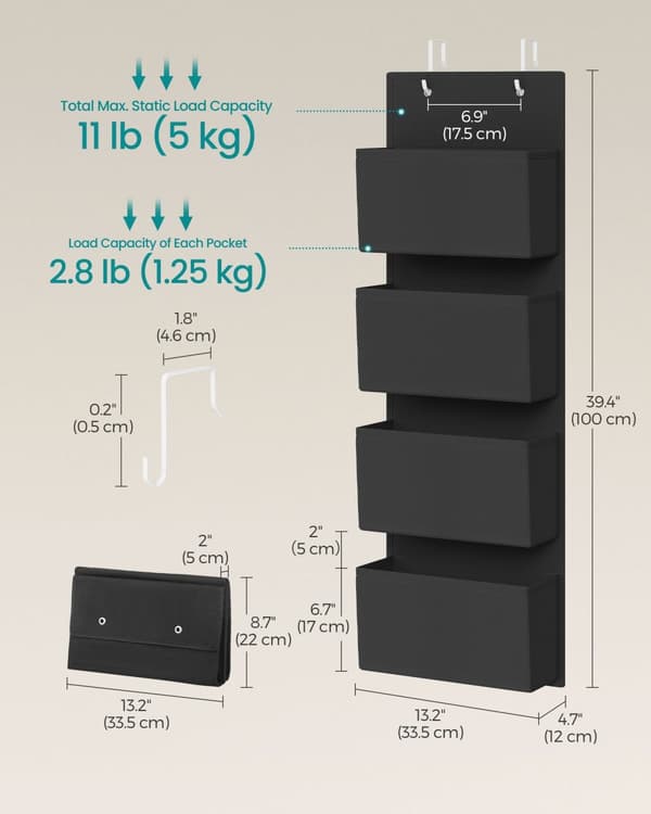 Set of 2 Over-Door Storage Organisers – Fabric – Ink Black – 4 Pocket ...