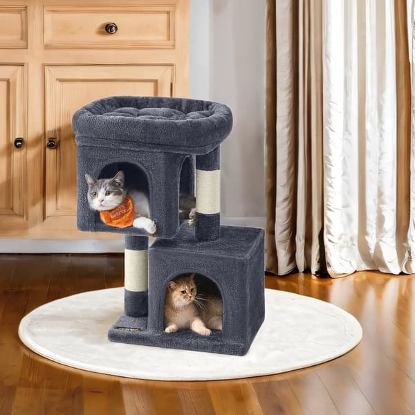 Cat Tree – Wood – Light Grey – Large Perch with Two Cat Caves and ...