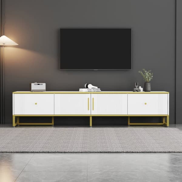 Elegant vit TV-bänk 180x40x40 cm med gulddetaljer – 2 dörrar, 2 lådor ...