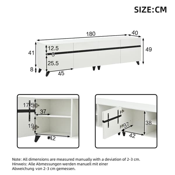 180×40×49 cm tv-bord med 4 skabe, justerbare hylder, 8 ben, lavbræt til ...