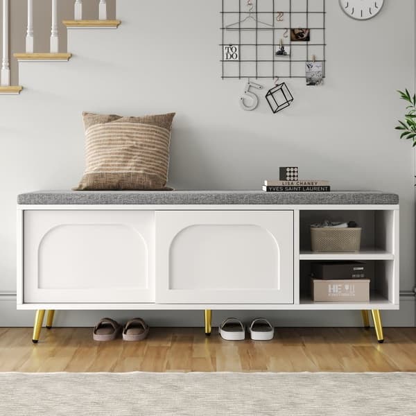 Skostativ med bænk og sædepudde, skoskab med opbevaring, hvid, mål ...