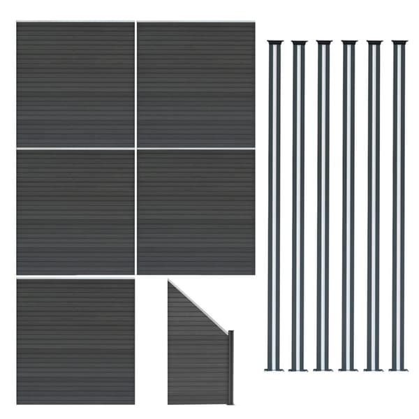 WPC-staket 185x965cm |GRÅ| 5x Rakt paneler + 1x Lutande panel + 6 ...