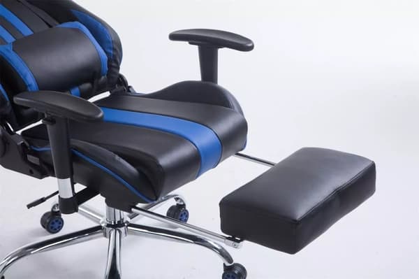 Limit V2 Faux Leather Racing Office Chair with Footrest - Black/Blue, Chrome Metal Frame | CDON