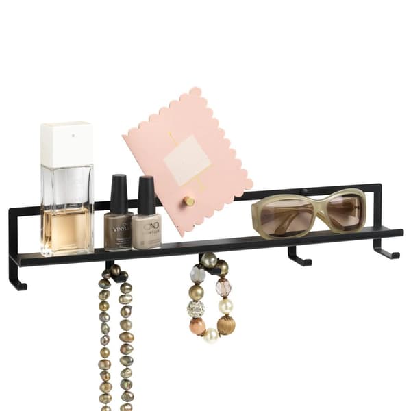 Hylde med knager i sort metal 6x45 cm | CDON