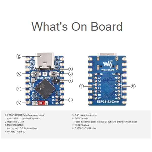 Waveshare Esp32 S3 Mini Development Board Based On Esp32 S3fh4r2 Dual Core Processor Without