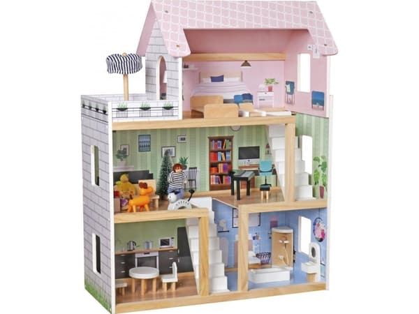 Souvenirbutik Dockhus i trä Led 62x27x77 cm + 3 dockor + kisse och valp ...