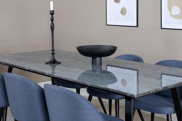 EstelleBLBL spisebordssæt spisebord sort, marmor og 6 Velvet stole blå ...