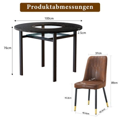Moderne minimalistisk rundt spisesæt med 4 brune stole i teknisk stof ...