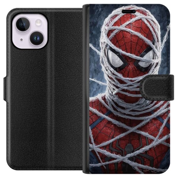 Apple iPhone 14 Plus Plånboksfodral Spider-Man täckt av täta nätlager i ...