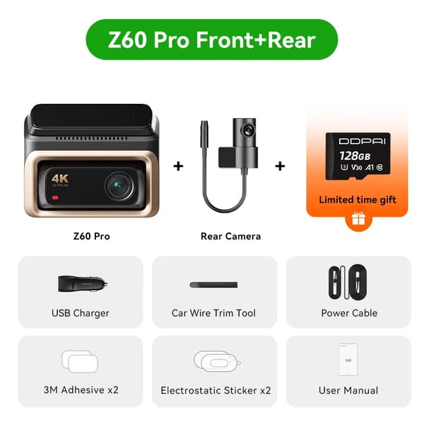 Dash-kamera, 4K-tallennus, kehittynyt yönäkö,2-kanavainen, Ilmainen 128G SD-kortti | CDON