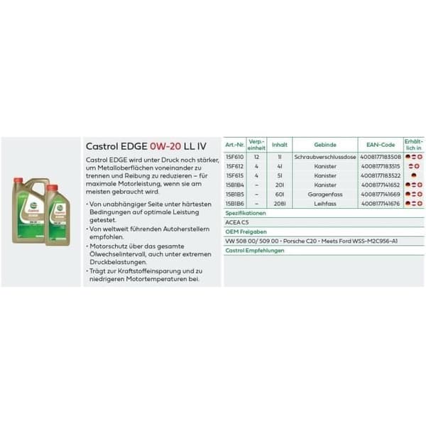 CASTROL EDGE 0W-20 LL IV 1L - 0W20 motorolie | CDON