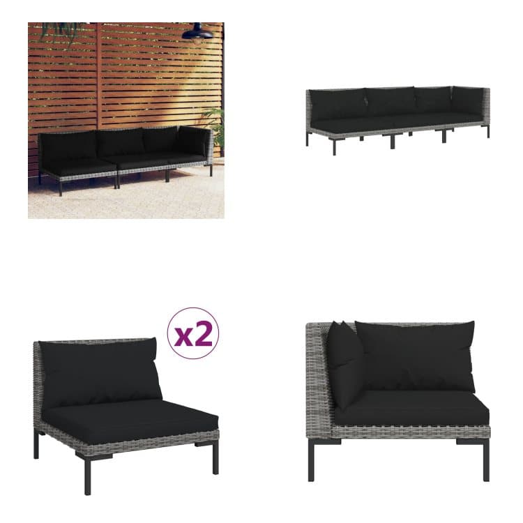 vidaXL 3-osainen Puutarhasohvasarja tummanharmaa polyrottinki - Puutarhakalusteet ...