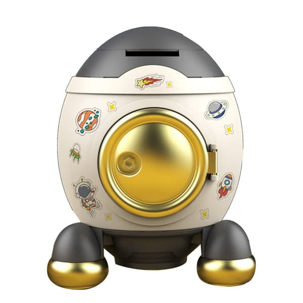 Rymdraket Tecknad Spargris för Barn - Grå och Guld Sparbössa | CDON