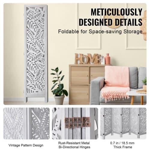 Room Divider, 6 Panel Wood Folding Privacy Screen, 242x170x1.9 cm ...