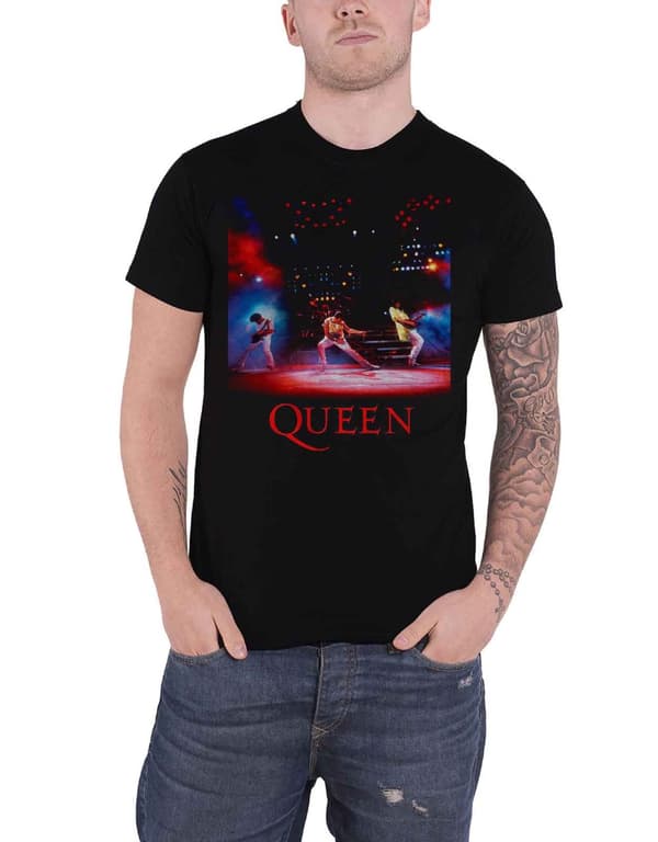 Queen T Shirt Live Shot Freddie Spotlight Band Logo Official Mens Black ...
