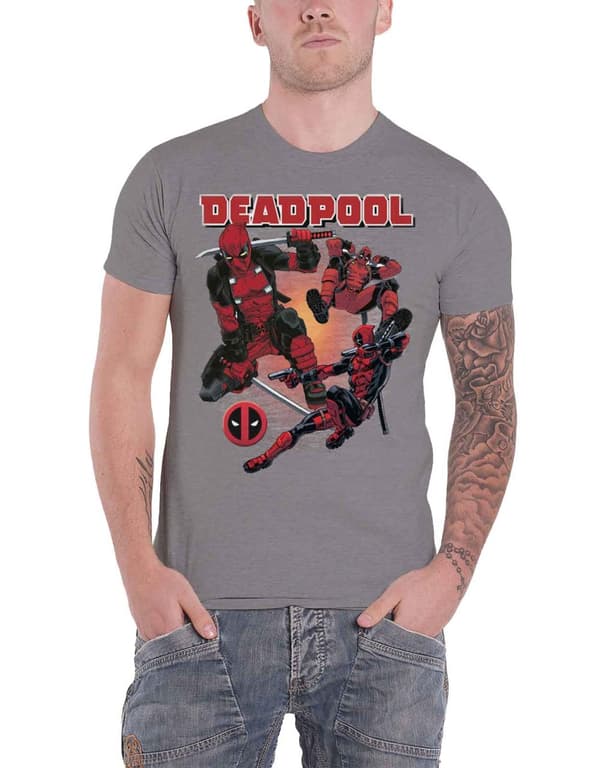 Deadpool T Shirt Deadpool Fight Collage Logo Official Marvel Mens Grey ...
