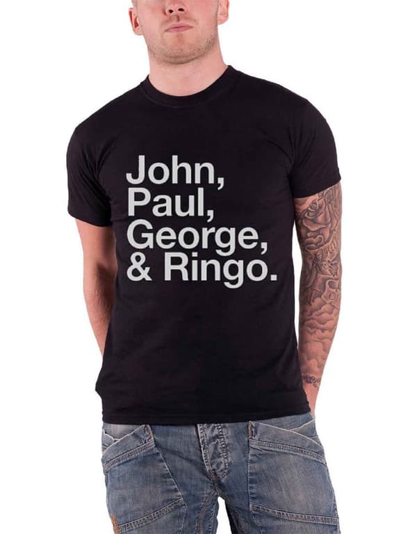 The Beatles T Shirt John Paul George & Ringo text Official Mens Black ...