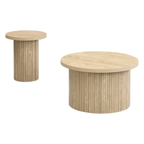 Runt soffbord i set om 2 – sidobord i trädesign med ribbade detaljer ...