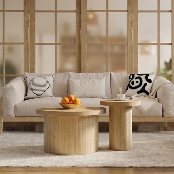 Runt soffbord i set om 2 – sidobord i trädesign med ribbade detaljer ...