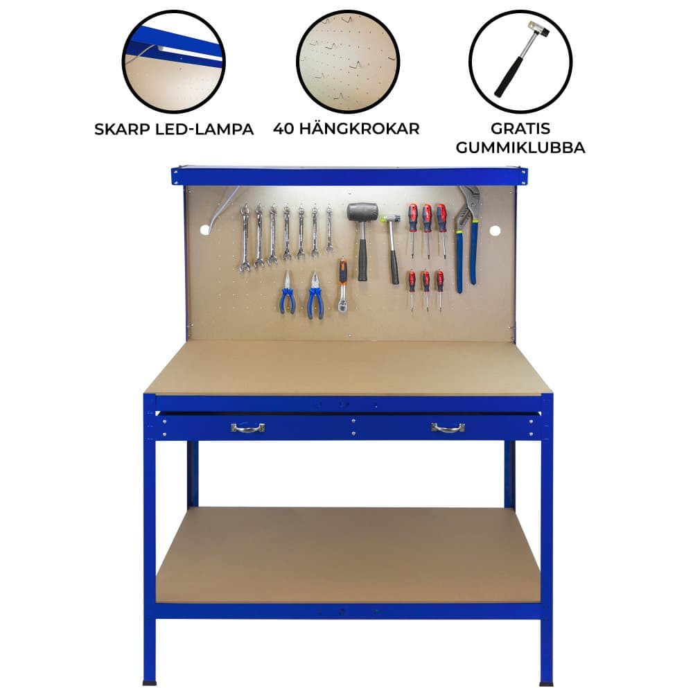 Arbetsbänk med Verktygstavla, Låda & Lampa Stål Verkstad DIY Arbetsbord ...