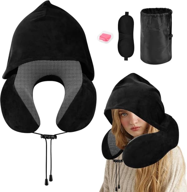 Hooded Travel Neck Pillow, with Earplugs & Eye Mask U Shaped Neck ...