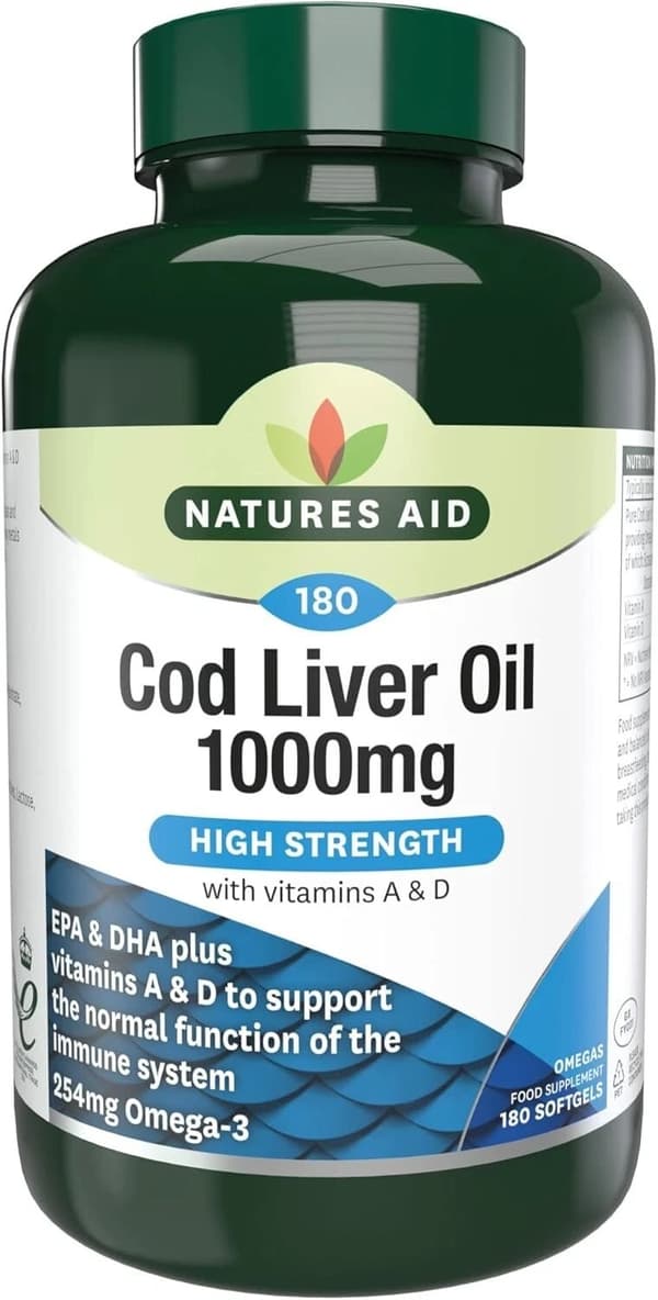 Cod Liver Oil, 1000mg, 180 Softgel Cap, 254 mg Omega-3 with Vitamins A ...