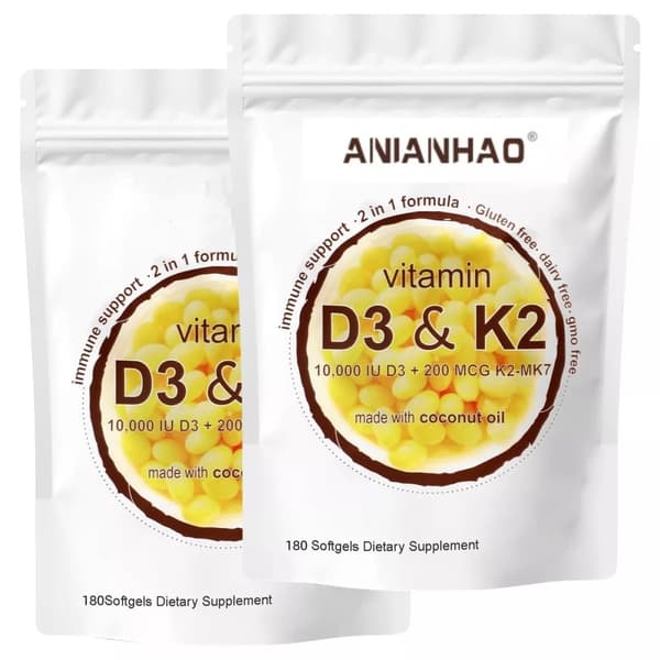 Vitamin D3 & K2 Softgels 10,000 IU + 200 mcg with Coconut Oil 180/360 ...