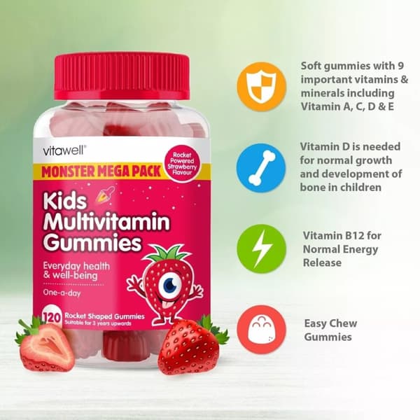 Vitawell Kids Multivitamin Gummies Strawberry Flavour Monster Mega Pack ...